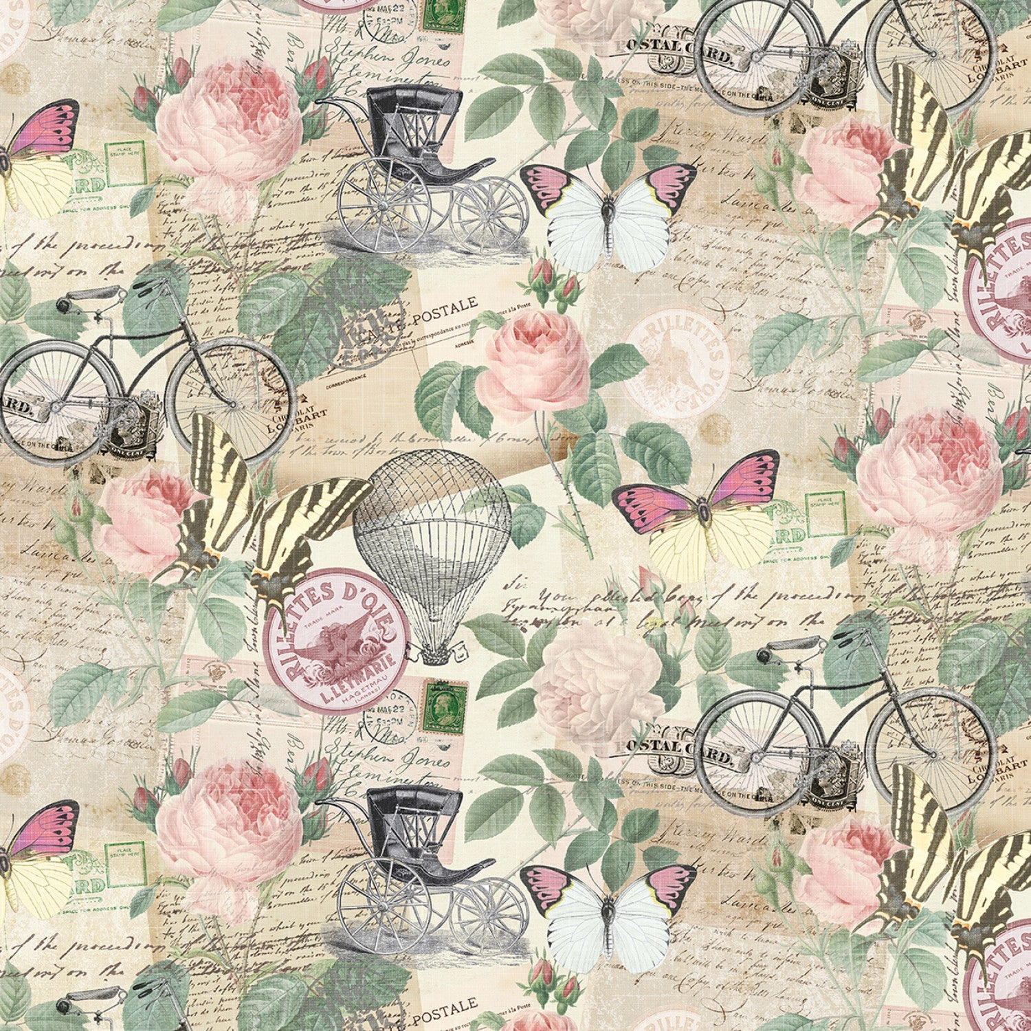 Jardin French Script Postcard Cream CD2560-CREAM Cotton Woven Fabric ...