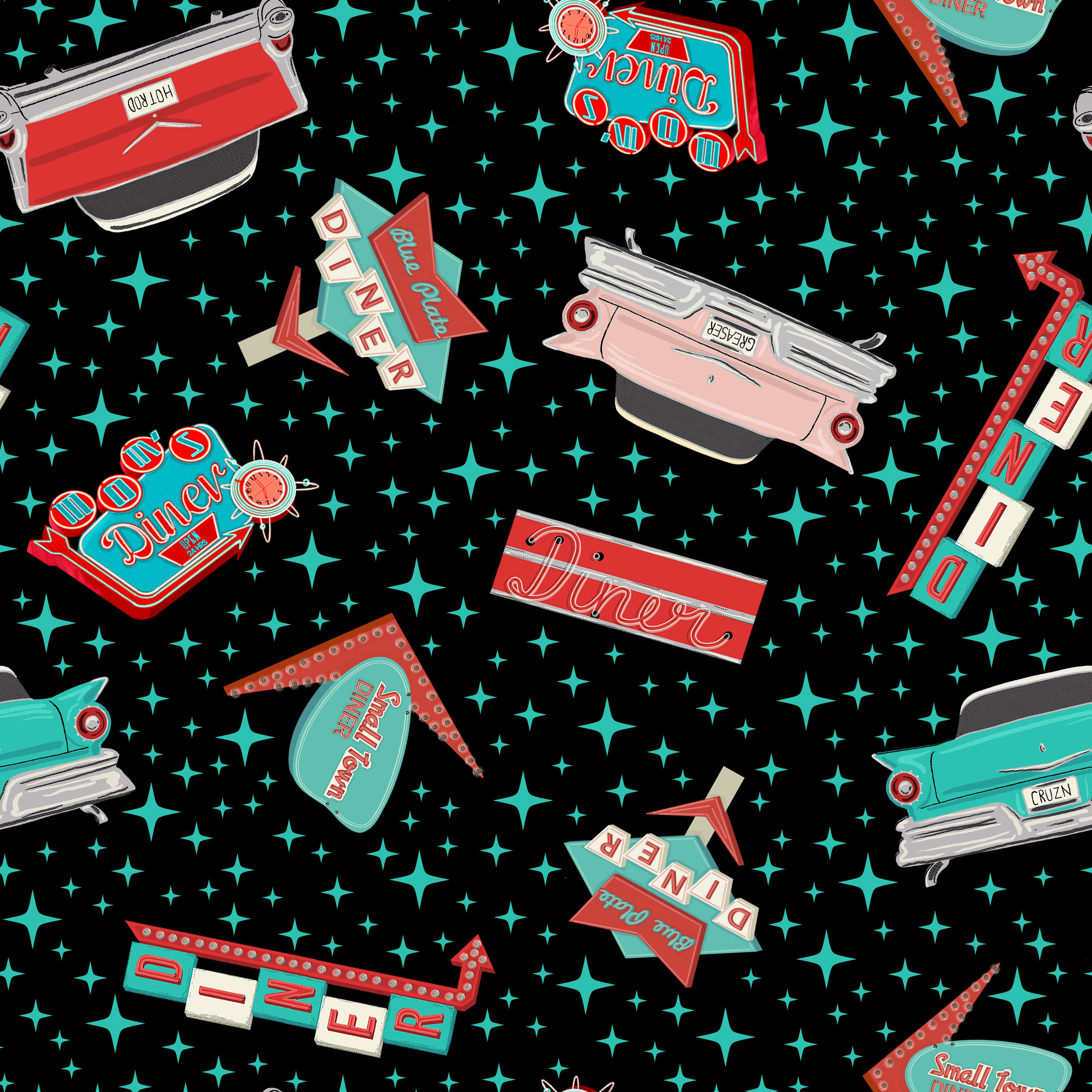 Diners & Drive-Ins By Jen Bucheli Cars & Diner Signs Black 2423-99 Cot ...