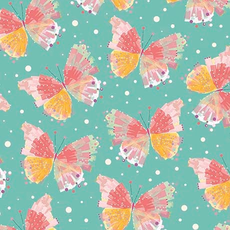 Confetti Blossoms by Turnowsky Butterflies on Dark Seafoam cotton wove ...