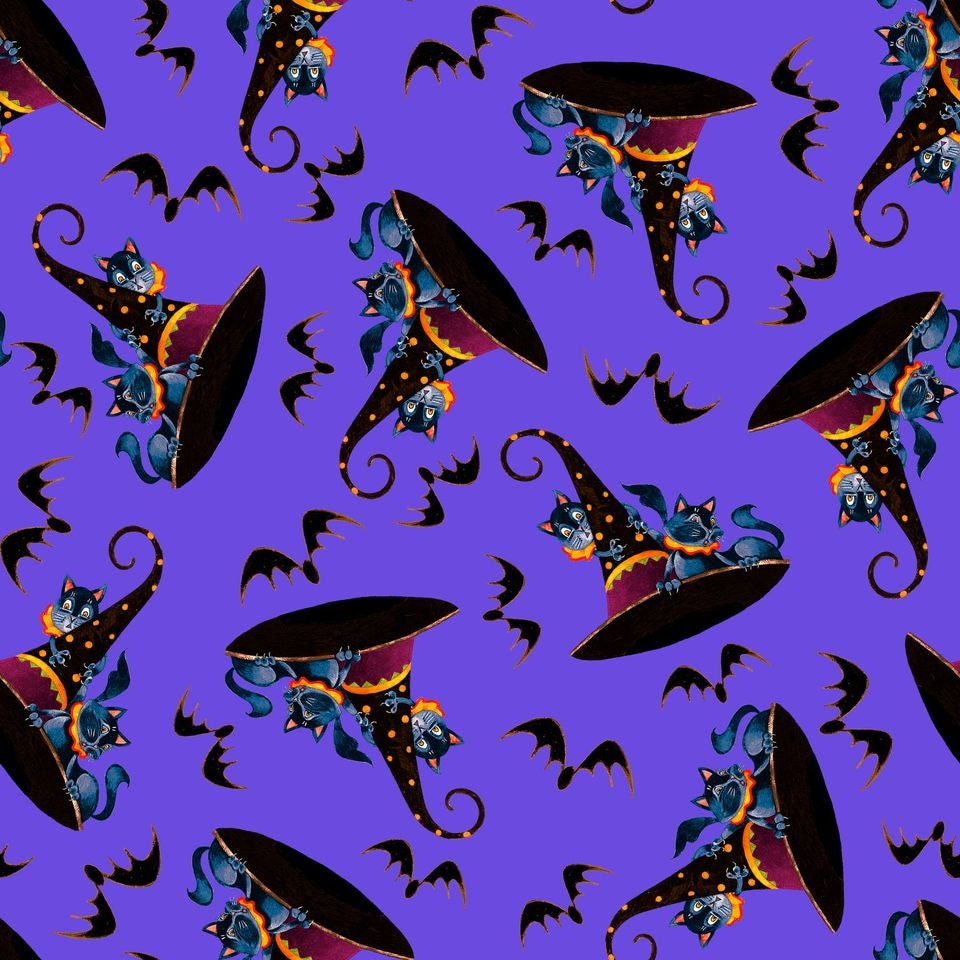 Witchful Thinking by David Galchutt Hats with Cats Purple 1536-55 Cott ...