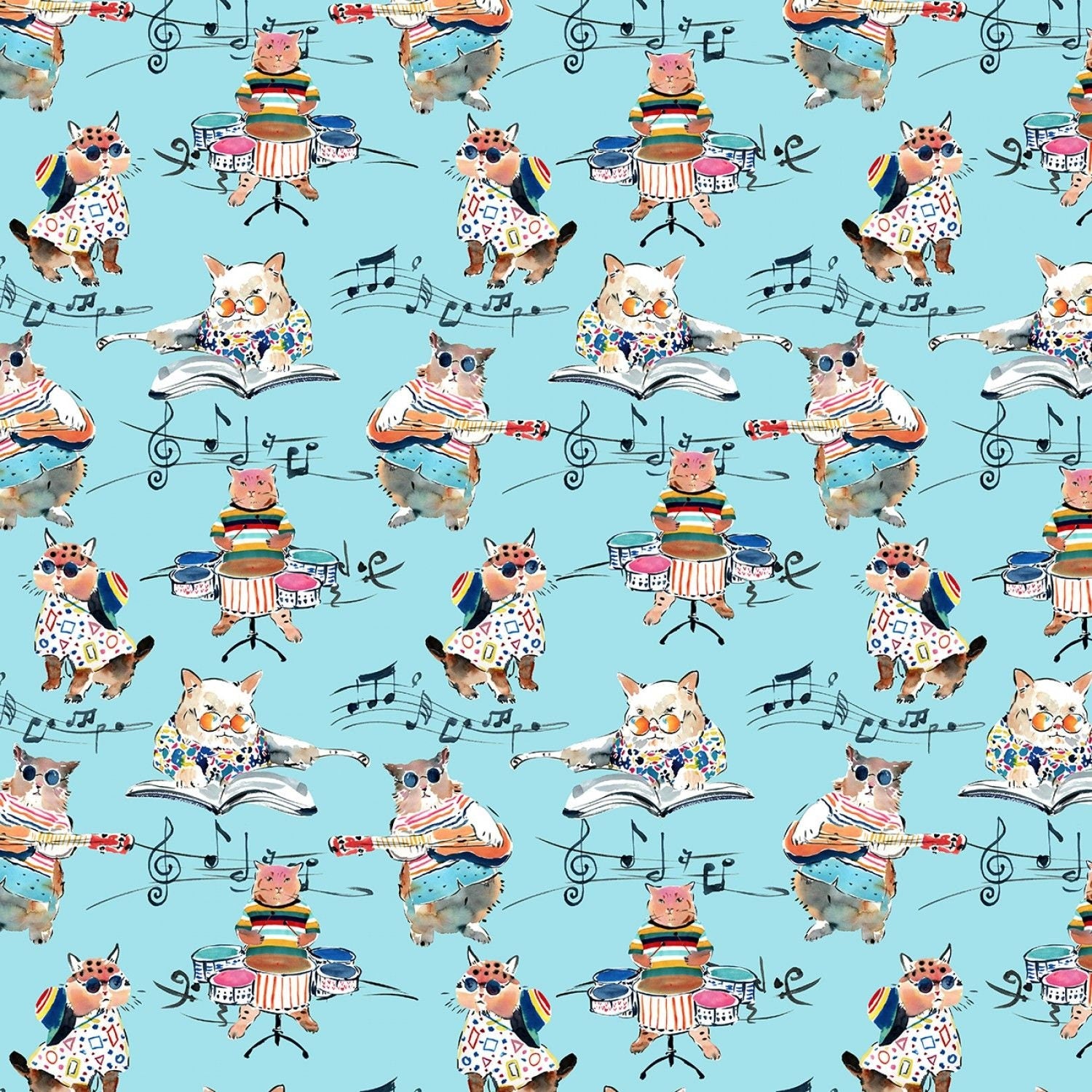Musical Cats Hip Cat Rehearsal Blue DCX9897-BLUE Cotton Woven Fabric ...