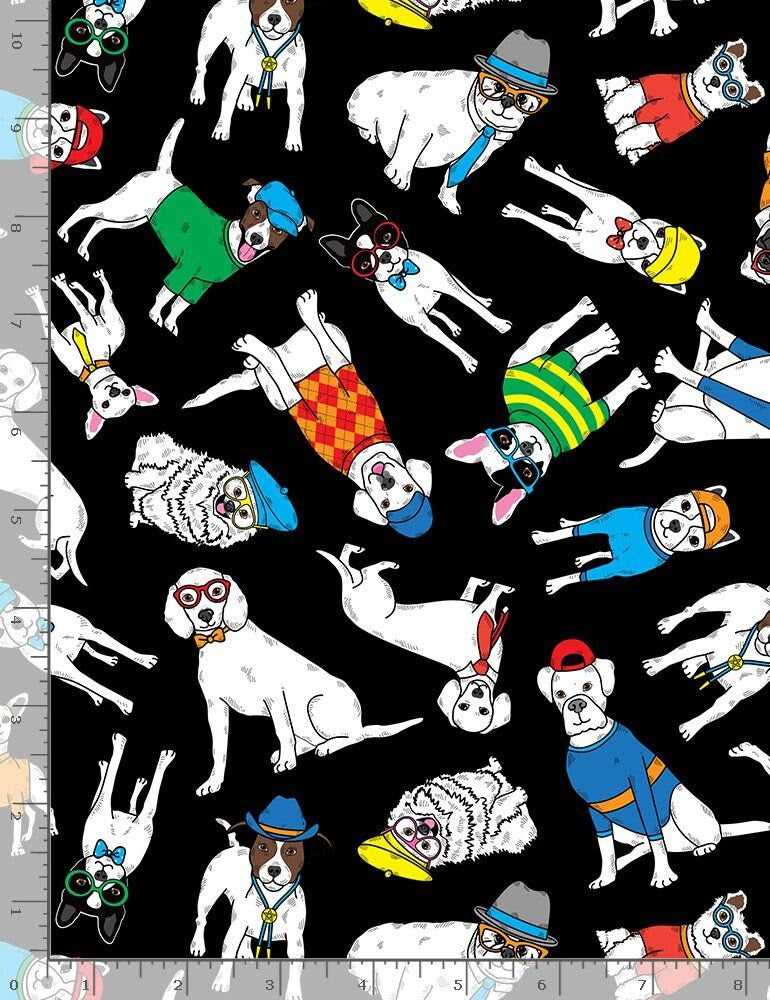 Dapper Dog Cartoon Dogs with Hats Tossed DOG-C8919-BLACK Cotton Woven ...