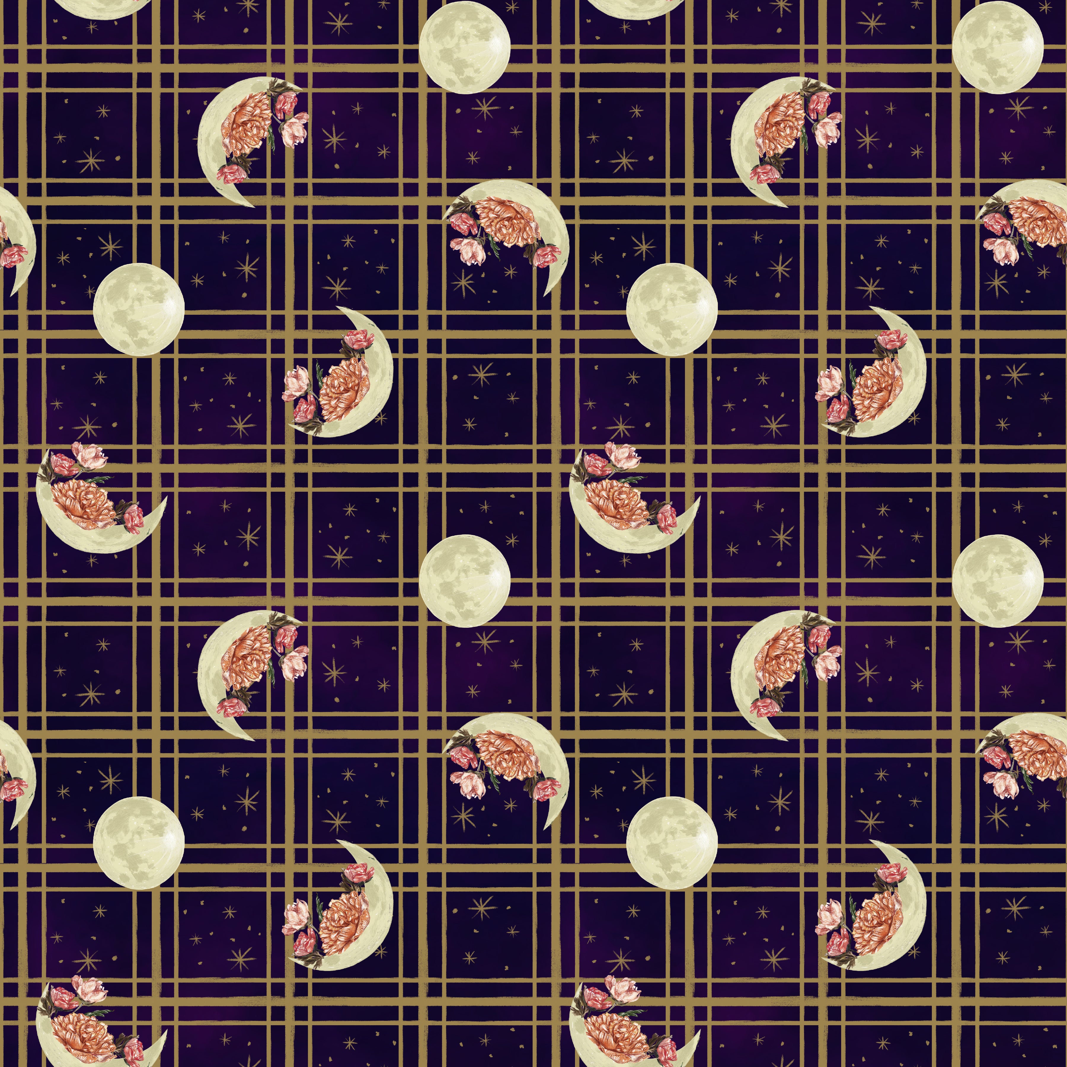 Midnight Rendezvous by Raquel Maciel Moons with Flowers on Plaid Dark ...