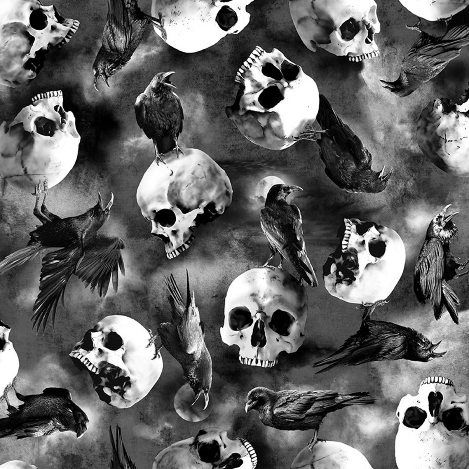 Wicked Ravens On Skulls Grey CD1829-GREY Cotton Woven Fabric – The ...