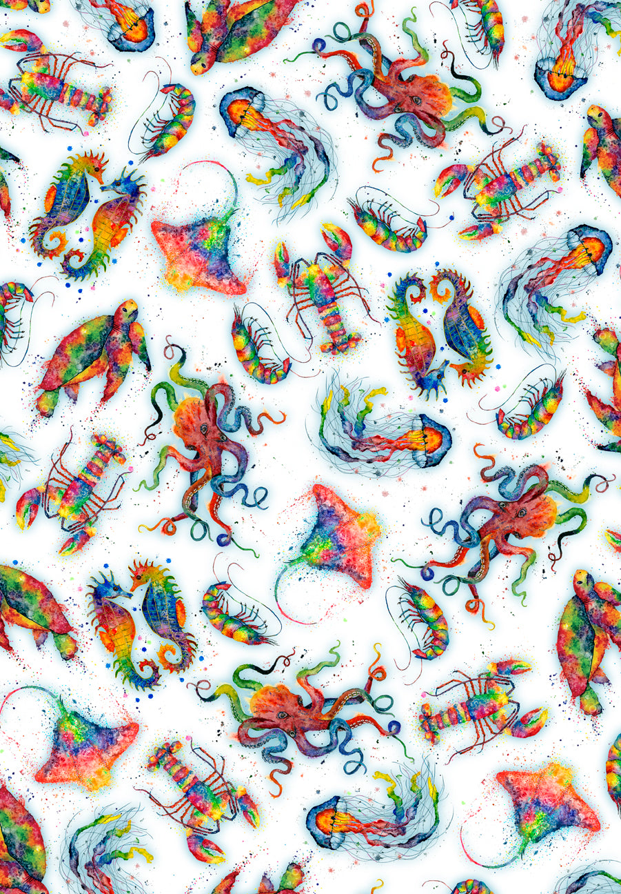 The Deep by David Bartholet Sea Creatures White 29820Z Cotton Woven Fa ...